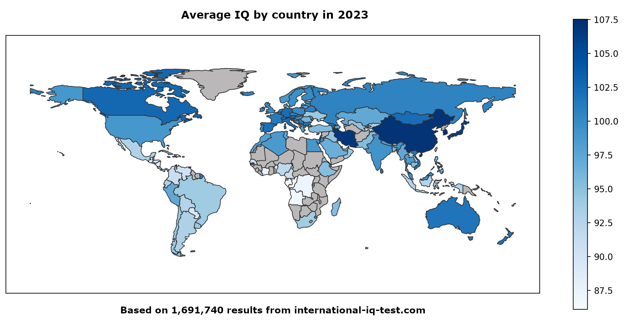 IQ rata-rata menurut negara pada tahun 2023 (diterbitkan pada tahun 2024)